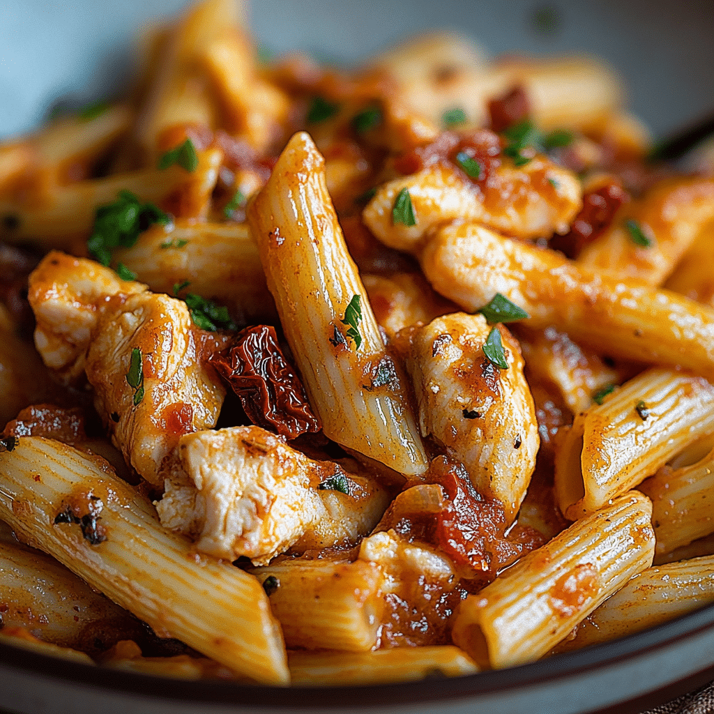 Pasta con Pollo en Salsa de Tomates Secos - Recetas de abuela