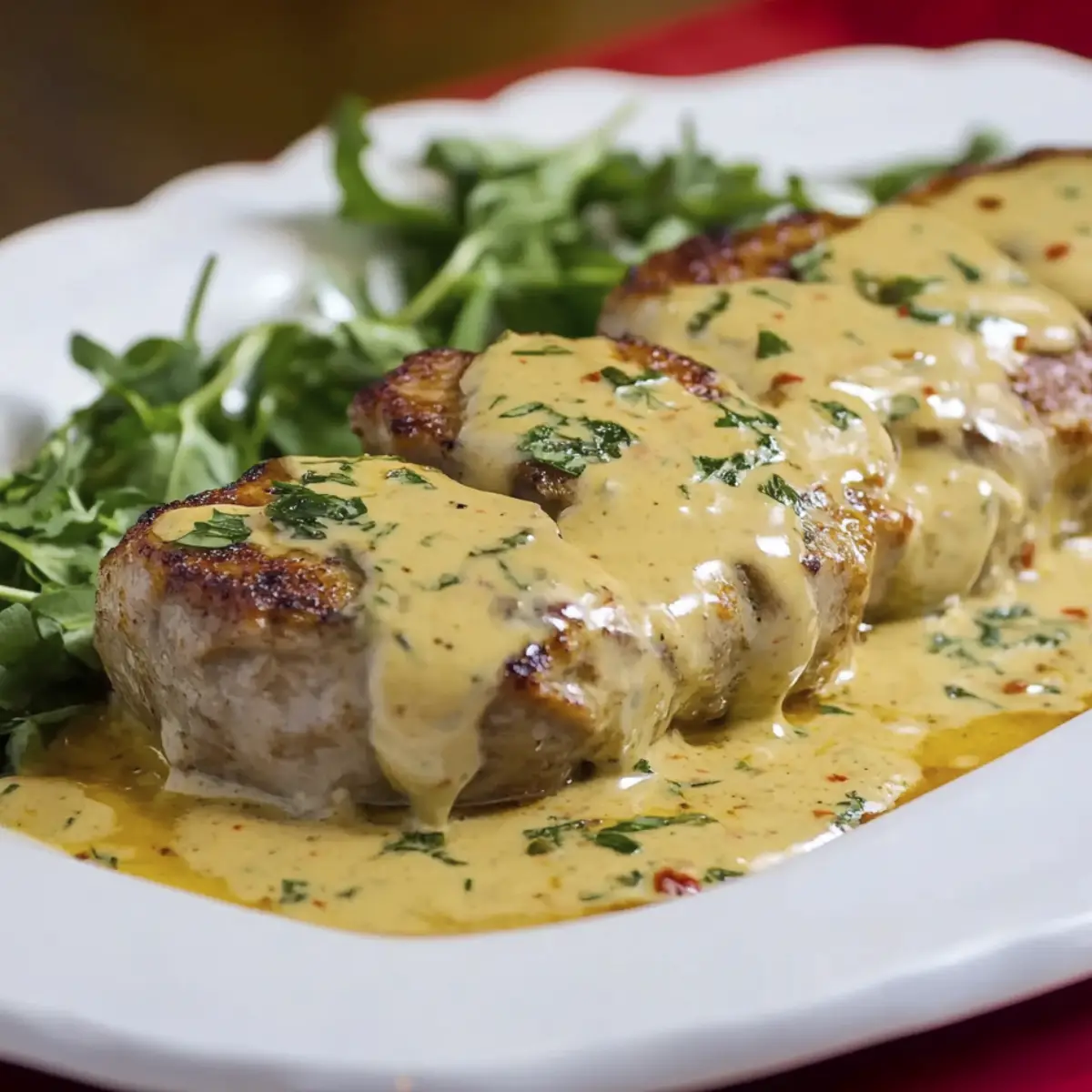 Lonjas de Cerdo en Salsa – Cremosa Queso y Mostaza