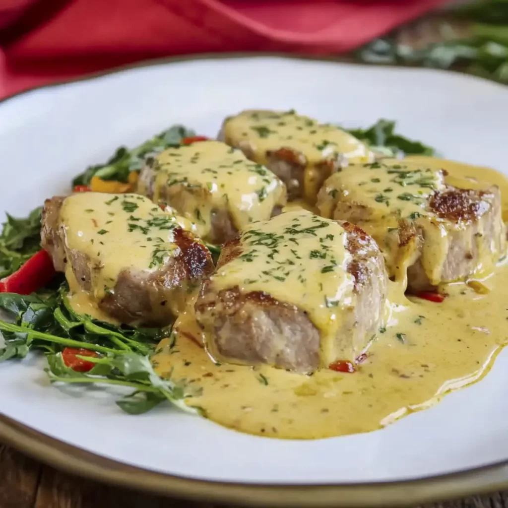 Lonjas de Cerdo en Salsa – Cremosa Queso y Mostaza